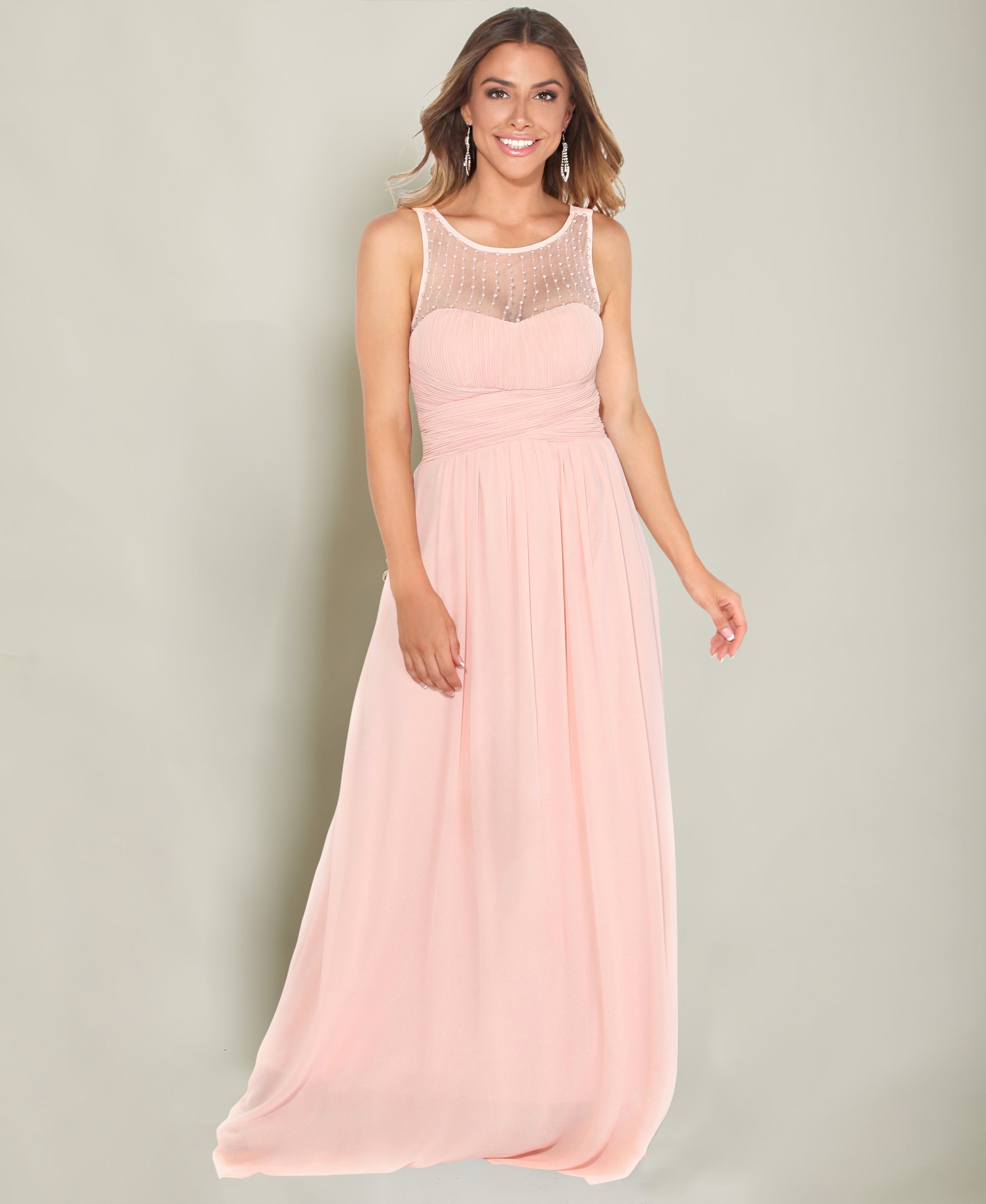 Gem & Mesh Front Chiffon Maxi Dress Pink – krisp